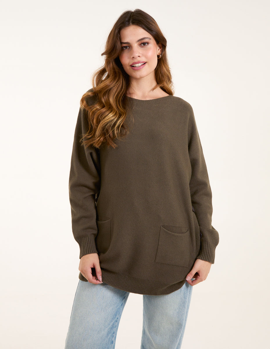 Khaki | Pocket Slash Neck Jumpe | Blue Vanilla