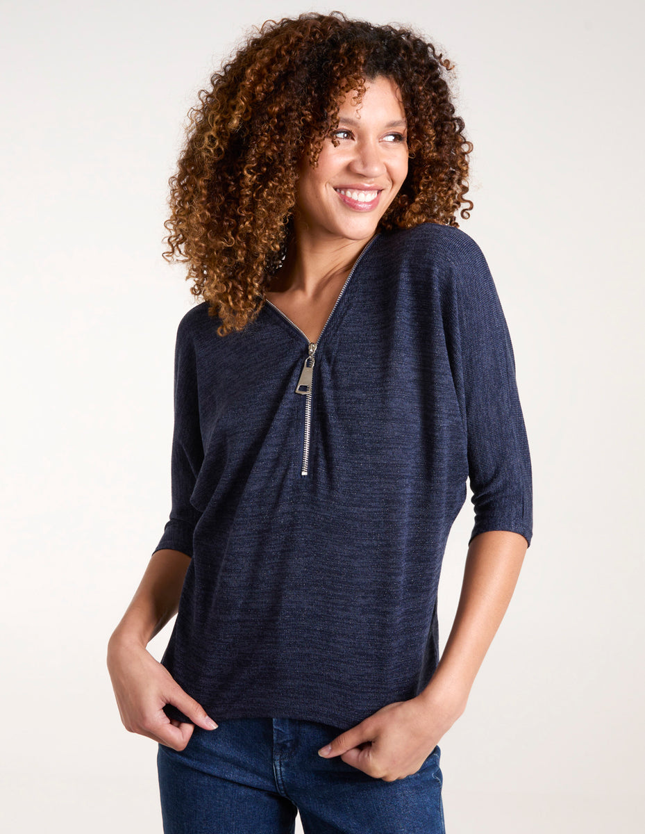 Navy | Metallic Zip Front Top | Blue Vanilla