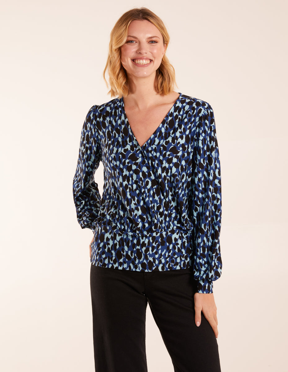 Blue | Wrap Front Leopard Print Deep Hem Band Top | Blue Vanilla