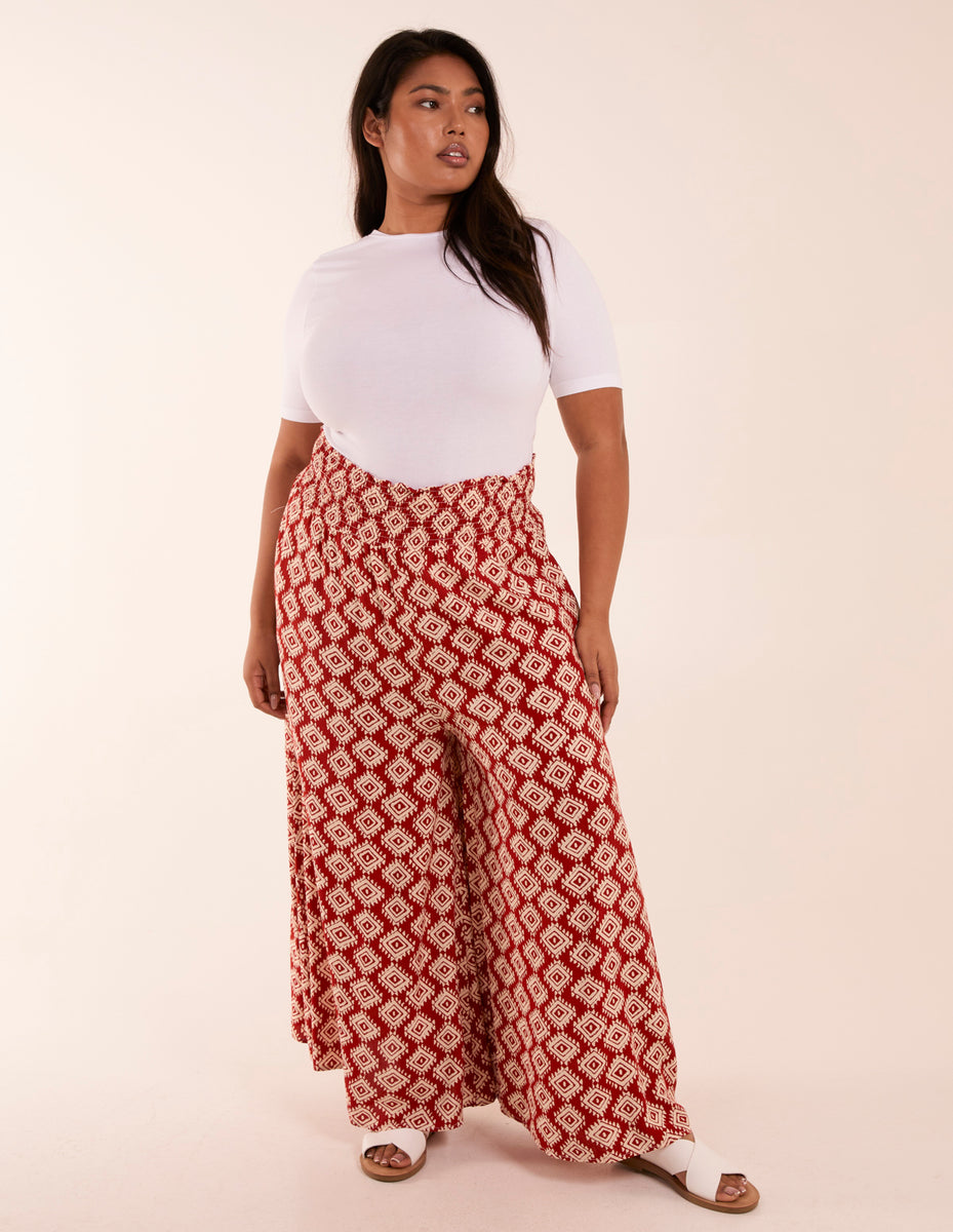 Red | Curve Shirred Wide Leg Aztec Trousers | Blue Vanilla