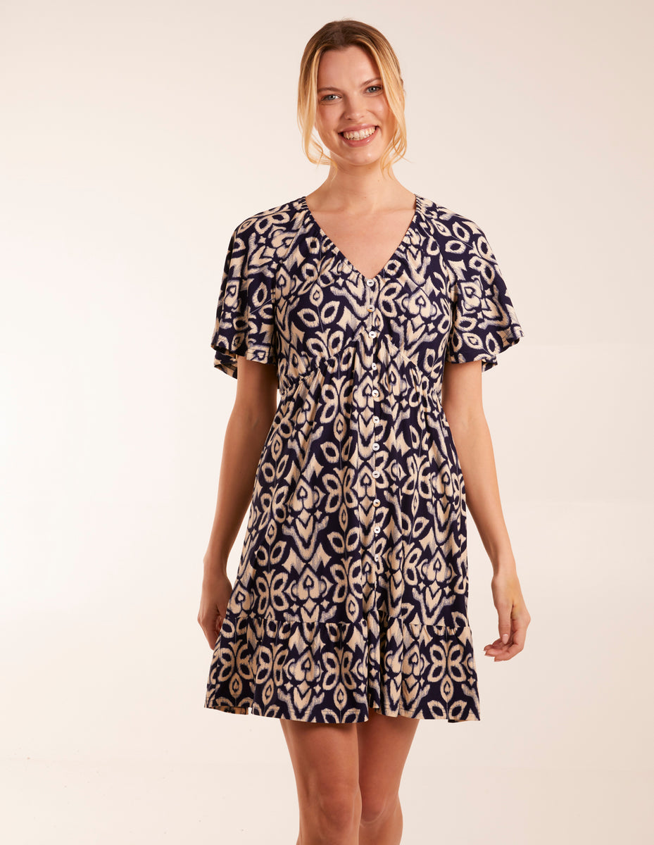 Navy | Button Through Elastic Waist Mini Dress | Blue Vanilla
