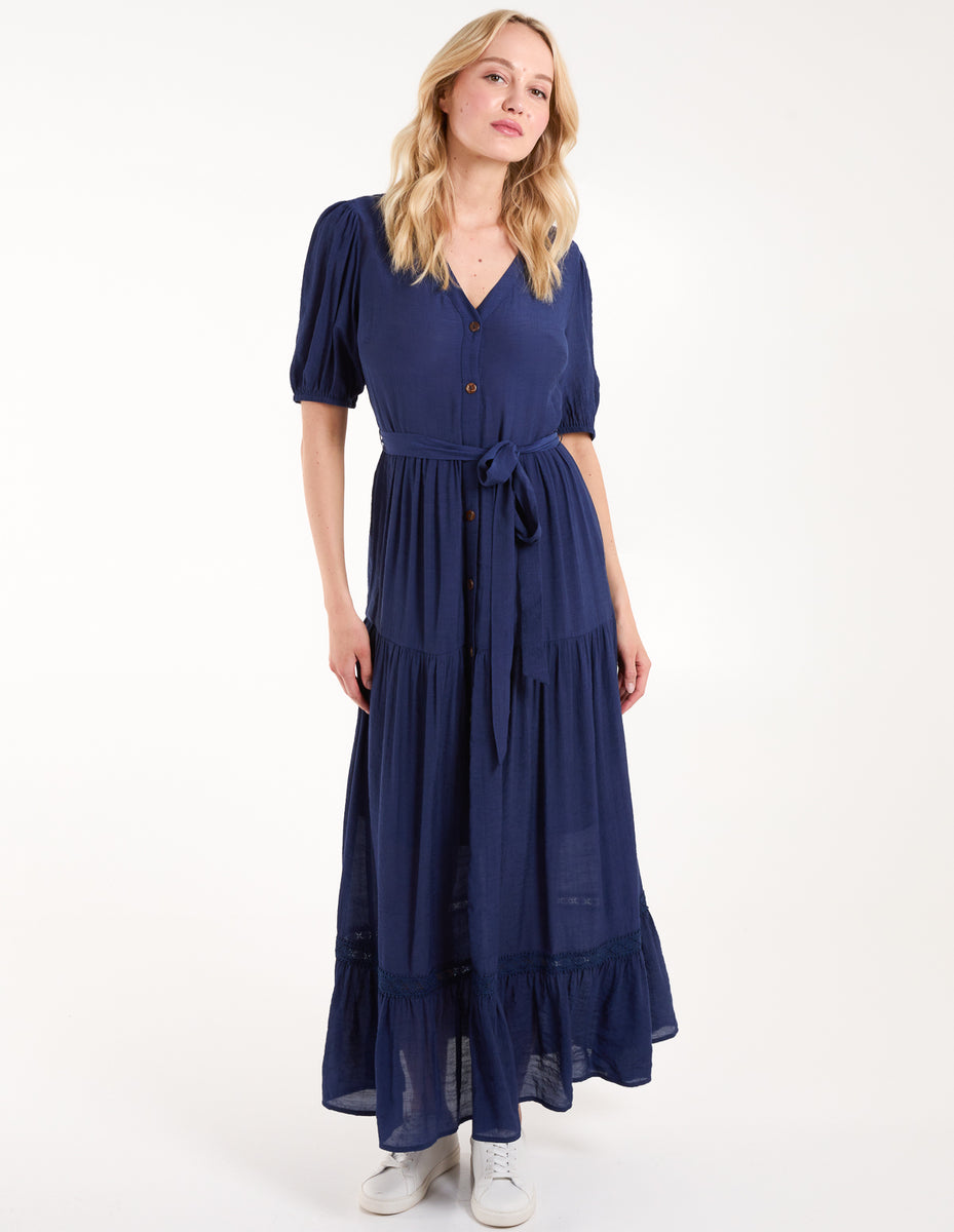 Navy | Button Through Tie Maxi Dress | Blue Vanilla