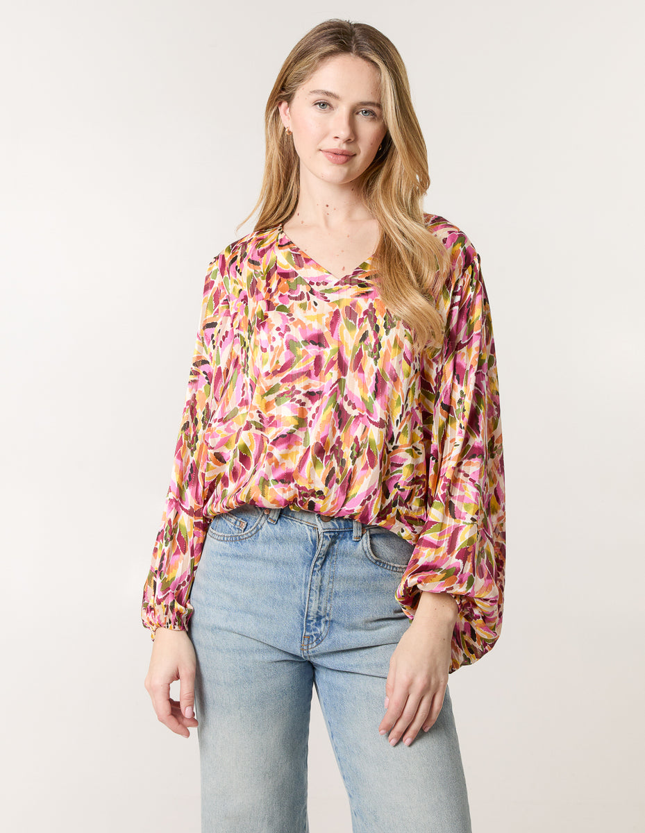 Multi | Printed V Neck Puffball Top | Blue Vanilla