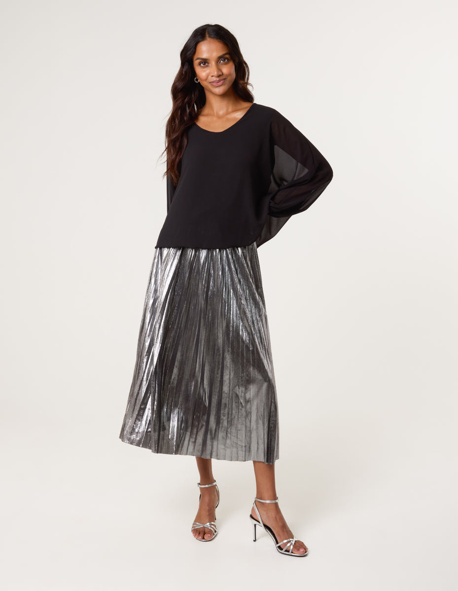 Pewter | Metallic Pleated Tulle Skirt | Blue Vanilla