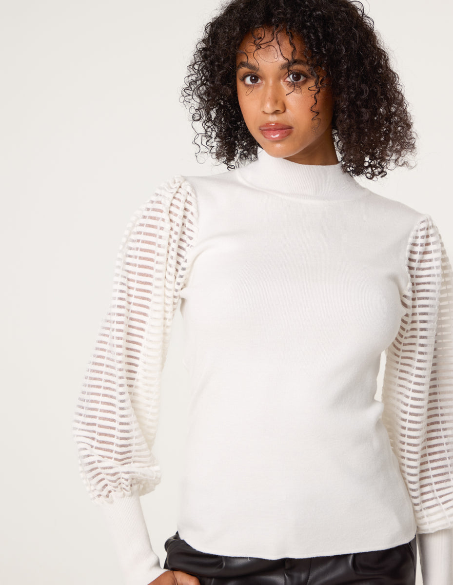Ivory | Semi-Sheer Mesh Panel Long Sleeve Jumper | Blue Vanilla