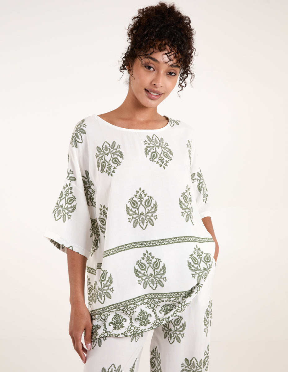 Khaki | Border Print Top | Blue Vanilla