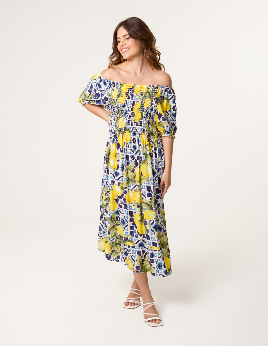 Navy | Lemon Print Milkmaid Dress | Blue Vanilla