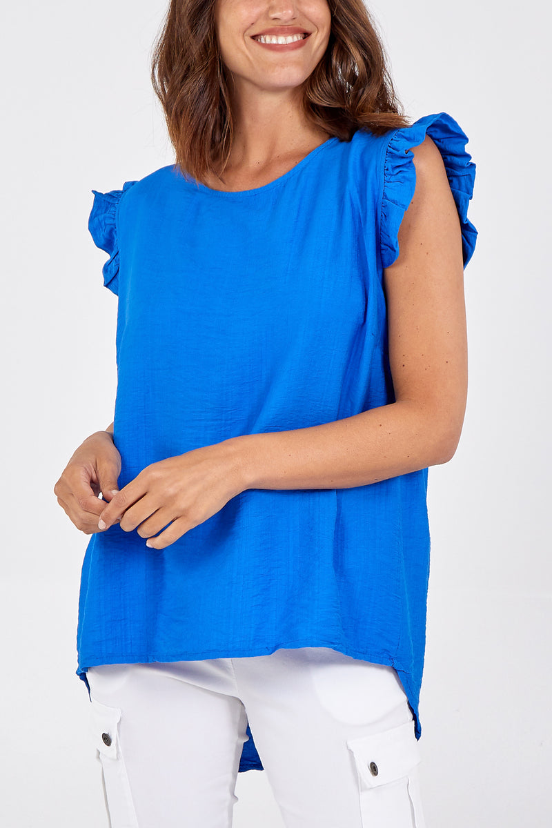White | Button Back Frill Shoulder Top | Blue Vanilla