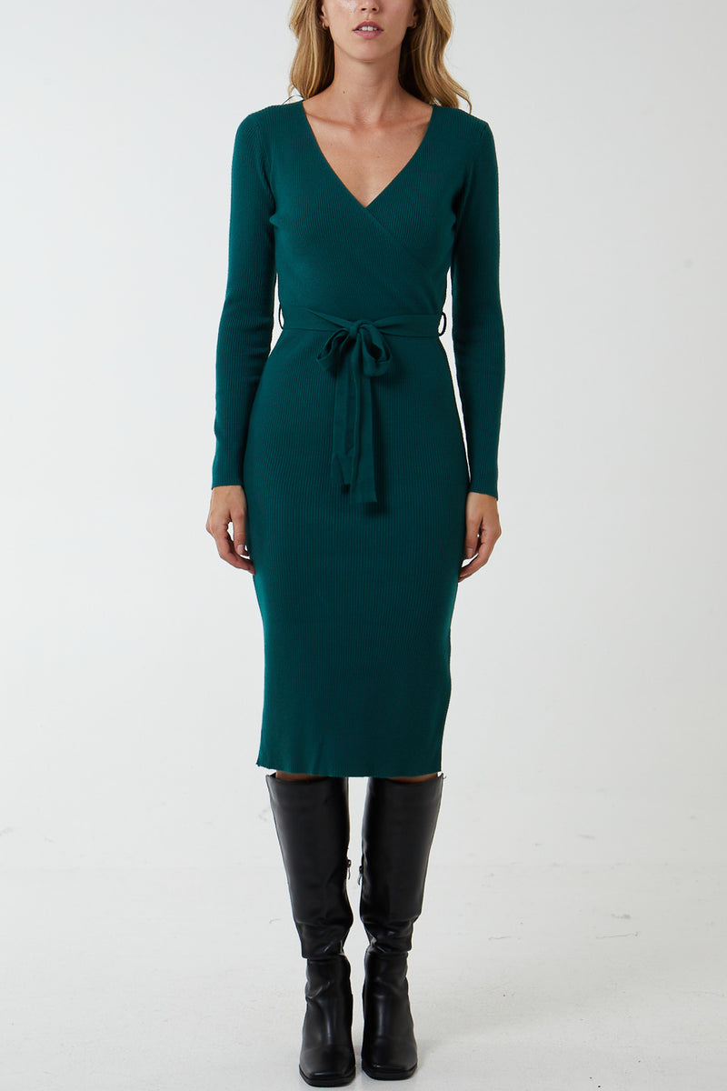 Green | Cross Over Ribbed Dress | Blue Vanilla