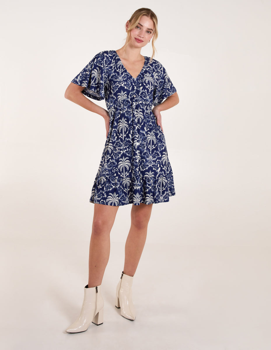 Navy | Button Through Elastic Waist Tropical Mini Dress | Blue Vanilla