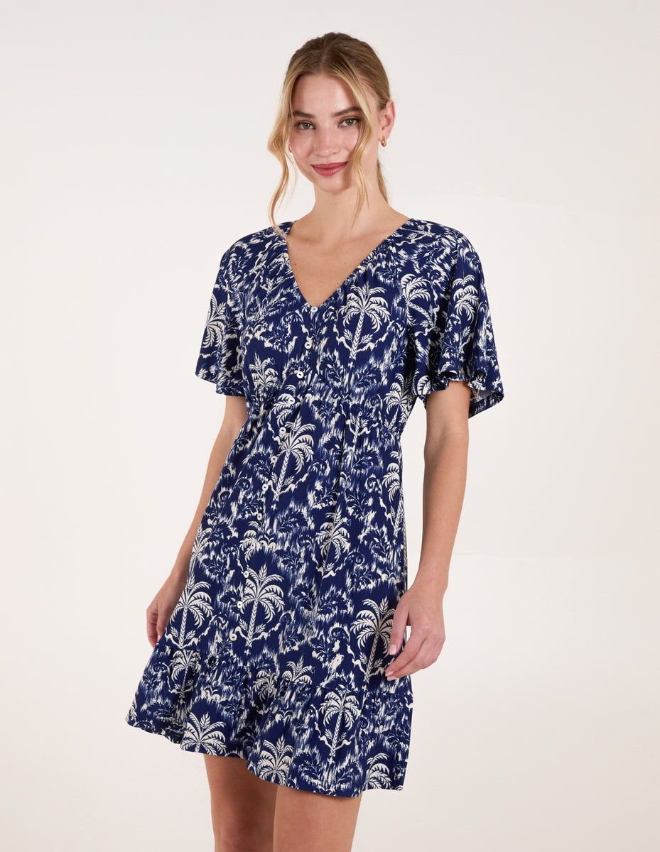 Navy | Button Through Elastic Waist Tropical Mini Dress | Blue Vanilla