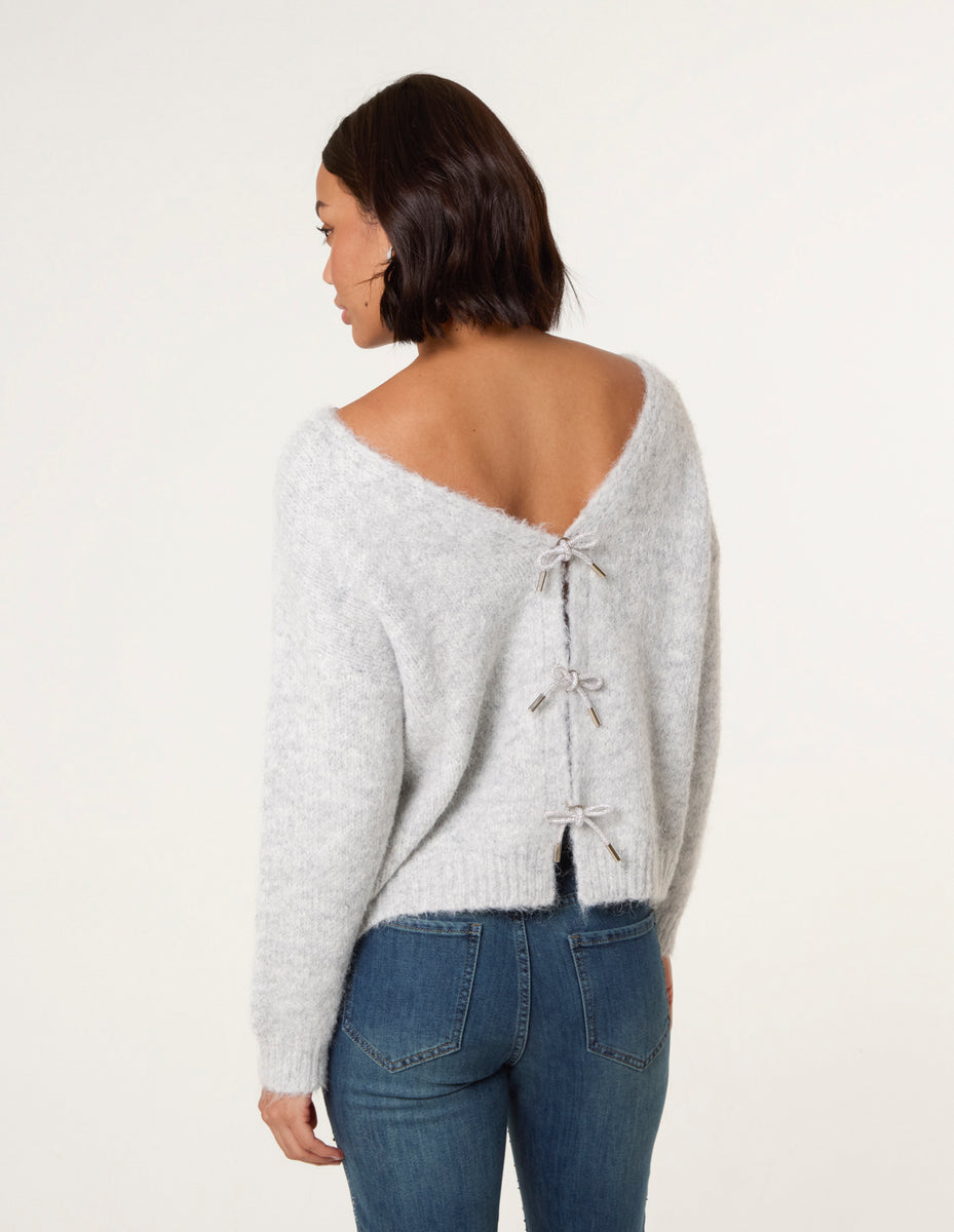 Light Grey | Bow Knit Cardigan | Blue Vanilla