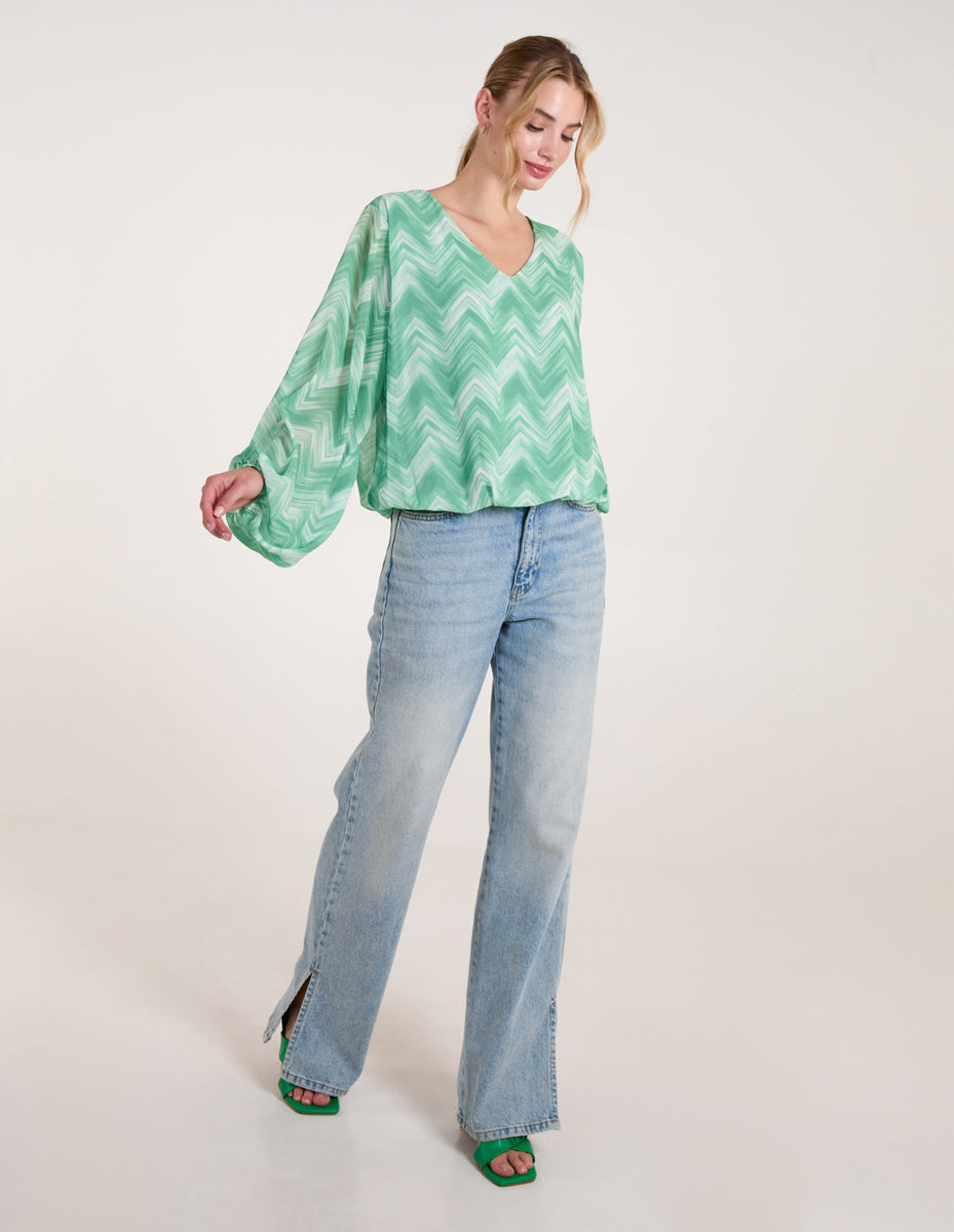 Green | V Neck Zig Zag Puffball Top | Blue Vanilla