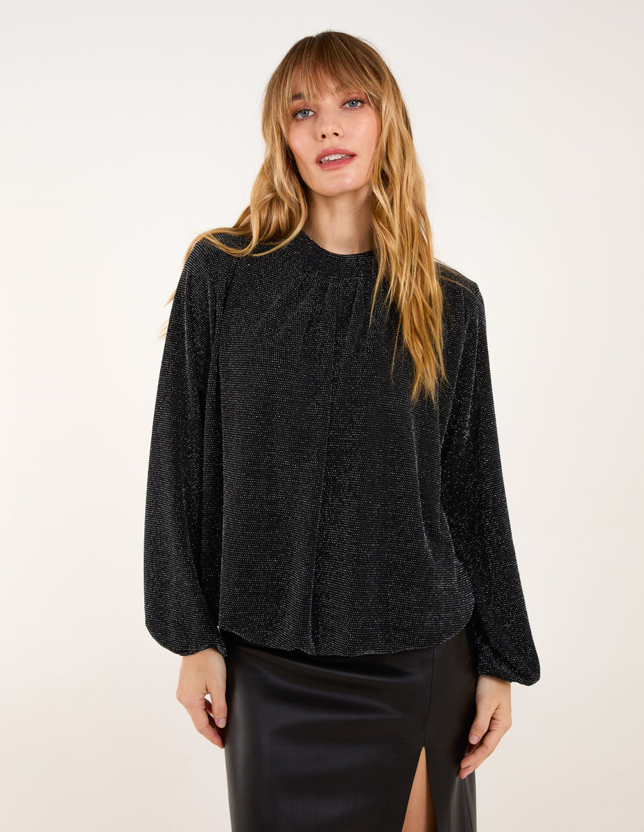 Silver | Metallic High Neck Puffball Top | Blue Vanilla