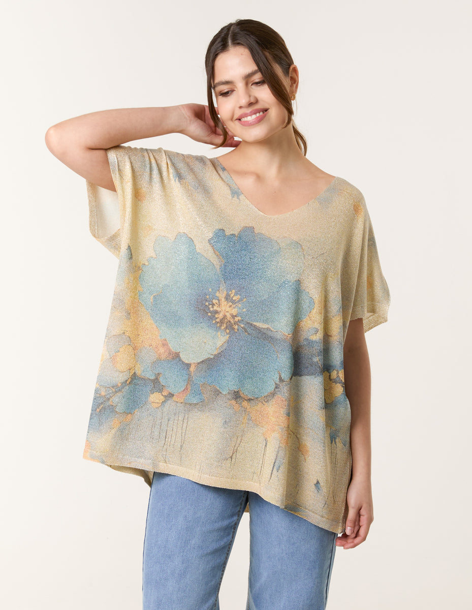 Gold | Floral Shimmer Print Knitted Top | Blue Vanilla