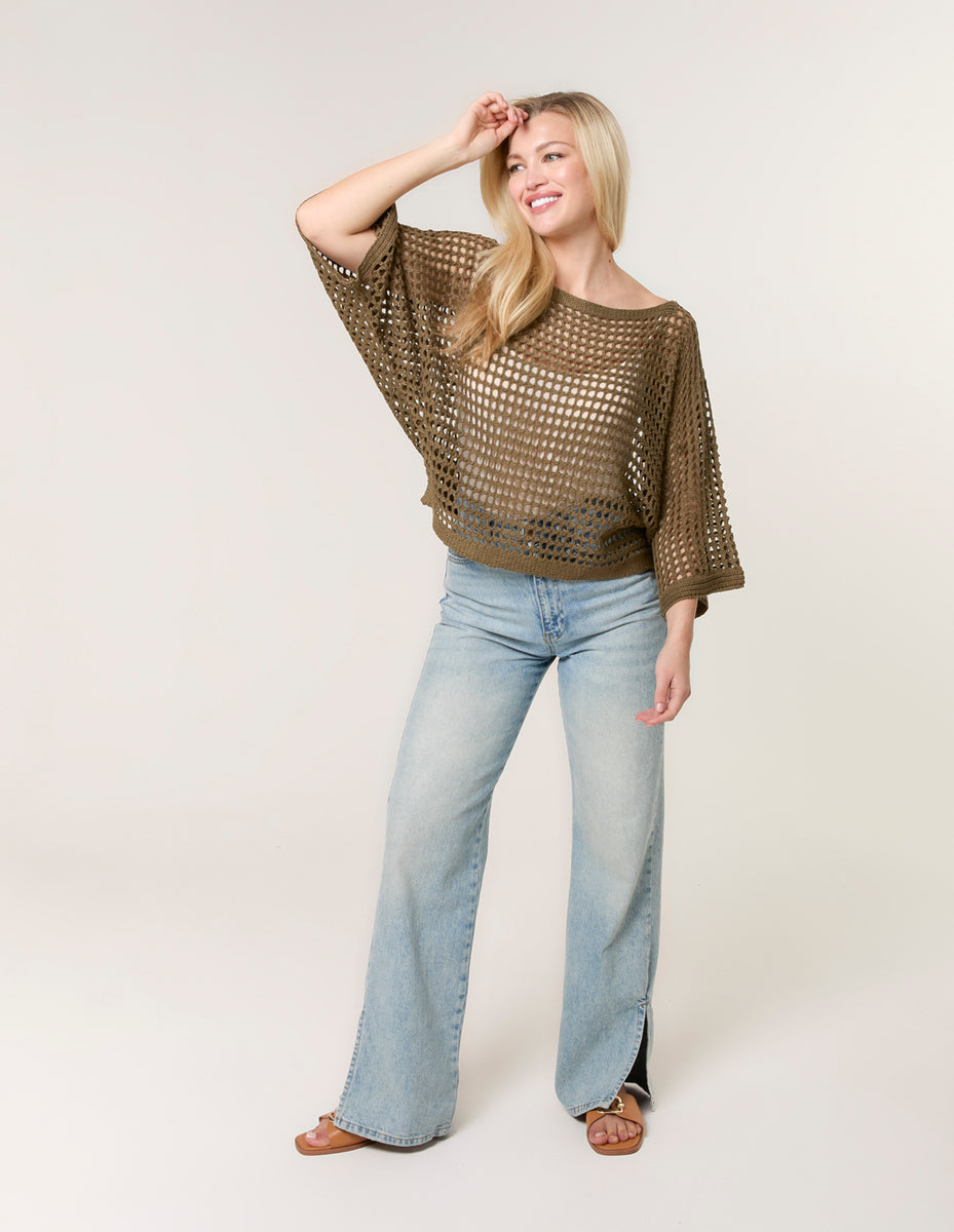 Khaki | Round Neck Net Top | Blue Vanilla