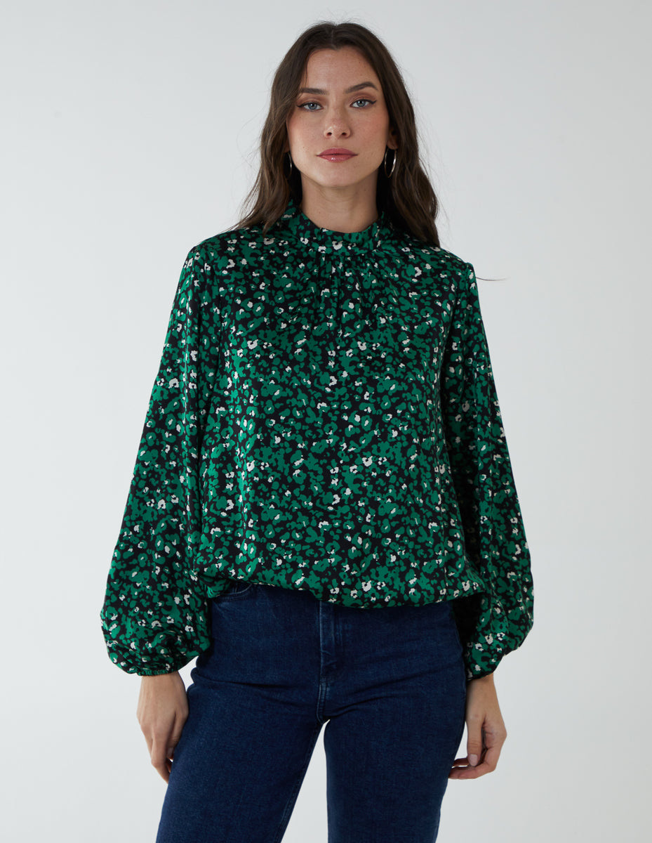 Green | High Neck Leopard Print Satin Blouson Top | Blue Vanilla