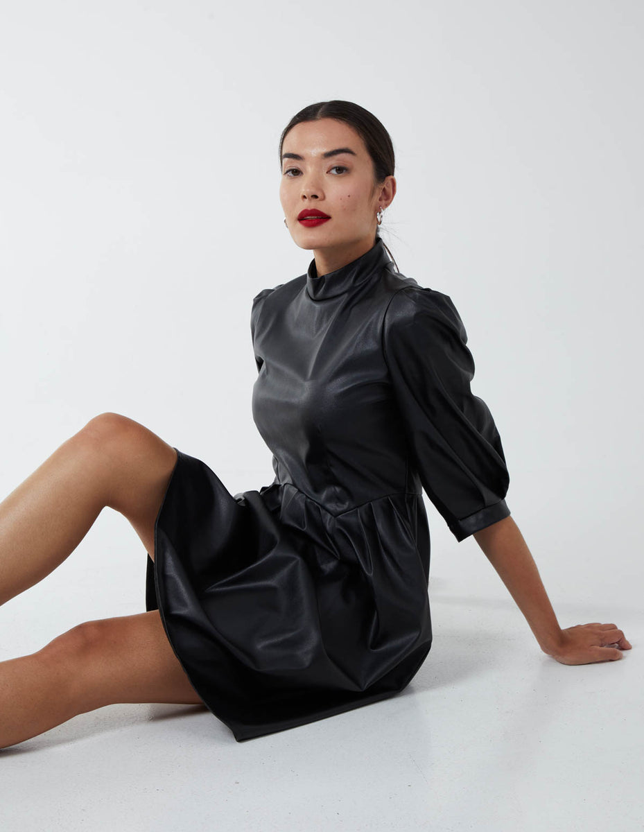 Black | High Neck PU Dress | Blue Vanilla