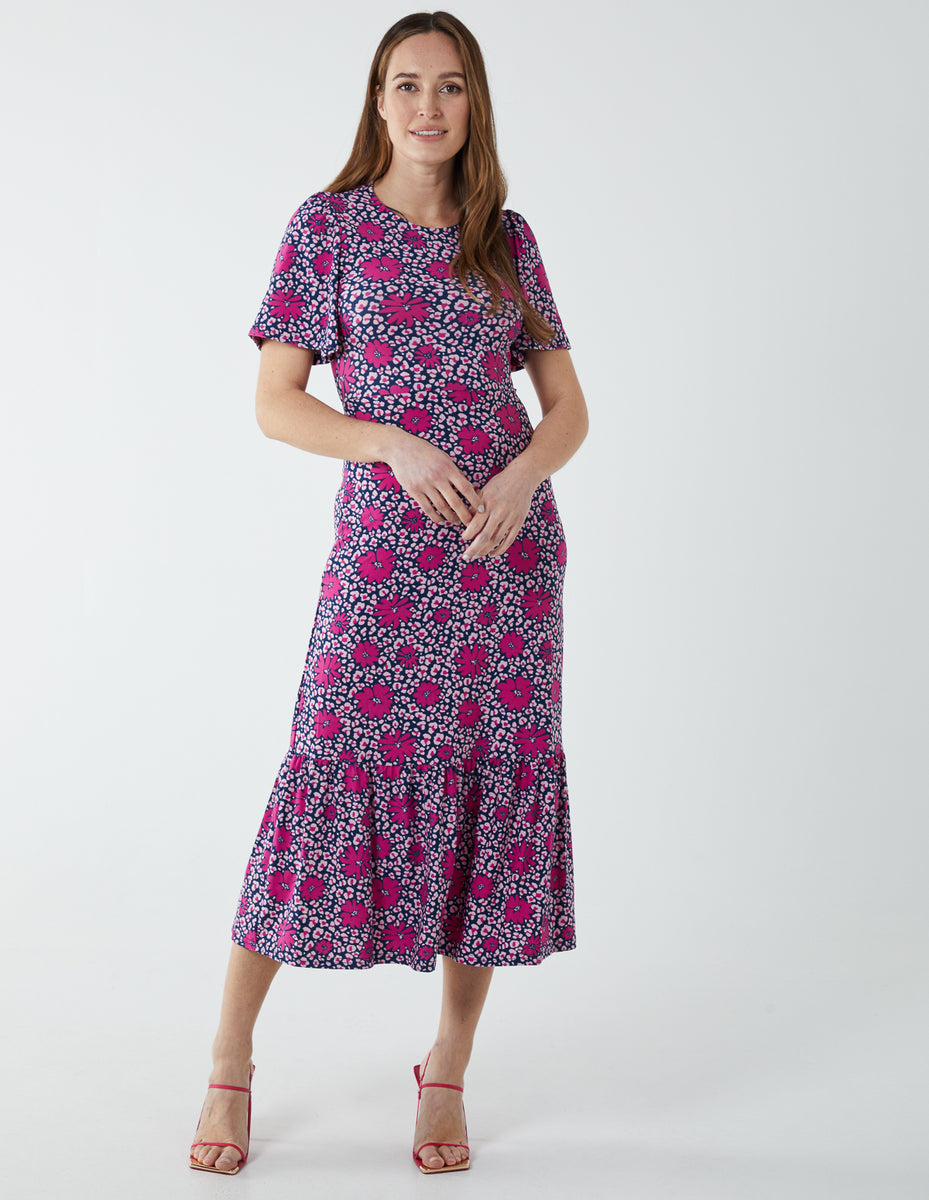 Fuchsia | Crew Neck Midi Angel Sleeve Tie Open Back Dress | Blue Vanilla