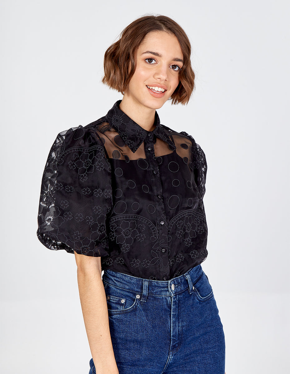 MACIE | Black | Puff Sleeve Mesh Polka Dot Shirt | Blue Vanilla